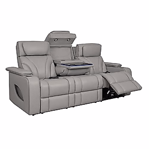 Armen Living Octavia Modern Zero Gravity Power Reclining Heated Massage Sofa, 86" Wide, Silver and Gray Top Grain Leather