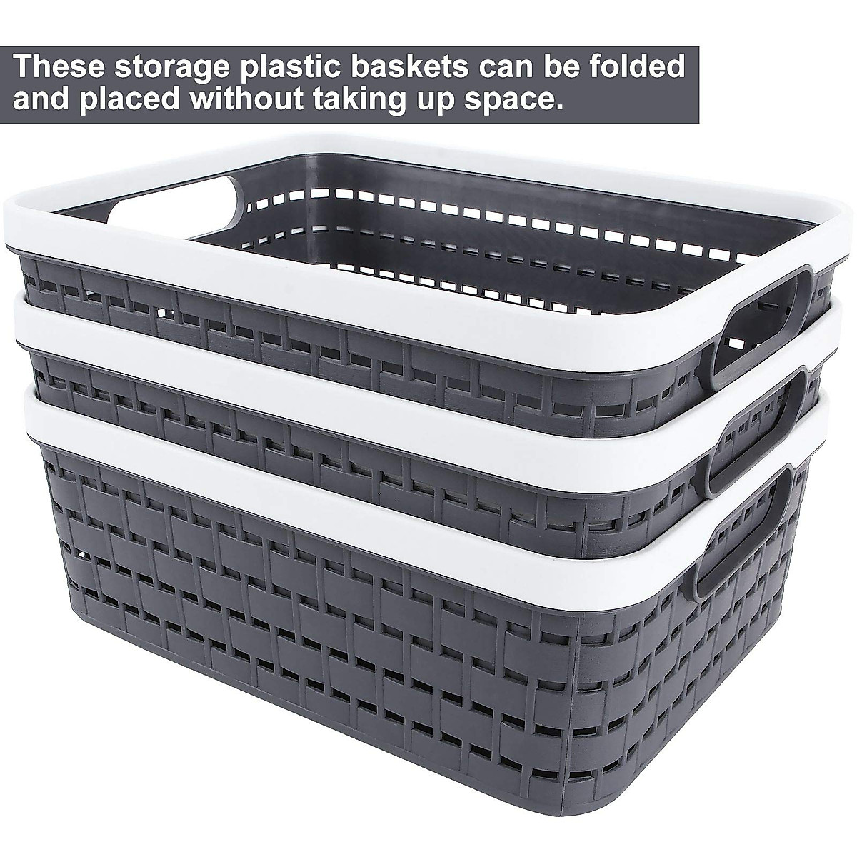 CertBuy 3 Pack Plastic Storage Baskets 11.3 x 8.7 x 4.3 Inch, Small Weave Storage Bins with Handle for Cabinet, Shelf, Kitchen, Bedroom, Bathroom and office – Dark Grey