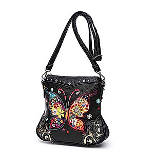 Butterfly Flower Concealed Carry Purse Women Spring Rhinestone Crossbody Handbags Single Shoulder Bag (Black Set)