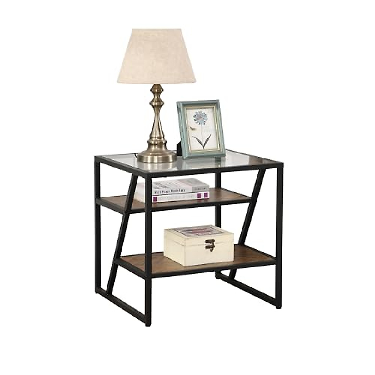 Black Side Table End with Storage Shelf Tempered Glass Coffee Metal Frame for Living Room Modern Contemporary Rectangular MDF Includes Hardware
