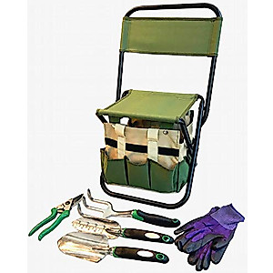 Garden Tool Set Organizer | Garden Seat Folding Stool Gardening Chair Kneeler with Backing | Gardener Bag | Gardening Tools Set | Top Gardening Gifts for Mom and Dad Includes Aluminum Tools