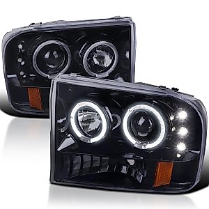 SPEC-D TUNING Halo Rim LED Glossy Black Housing Smoke Lens Projector Headlights Compatible with 1999-2004 Ford F-250/F-350/F-450/F-550 Super Duty, Left + Right Pair Headlamps Assembly