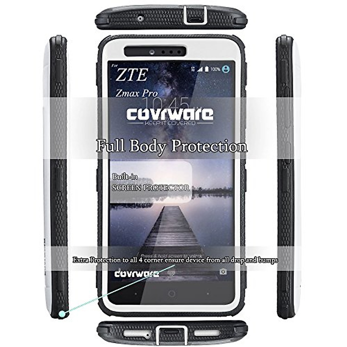 COVRWARE [Iron Tank] case Compatible with ZTE ZMAX PRO/ZTE Carry, with Built-in [Screen Protector] Full-Body Rugged Holster Armor Case [Brushed Metal Texture Design][Belt Clip][Kickstand], White