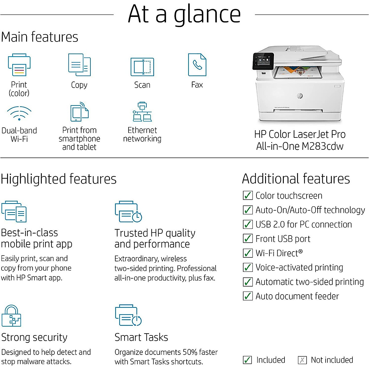 HP Laserjet Pro MFP M283cdw All-in-One Wireless Color Laser Printer, White - Print Scan Copy Fax - 22 ppm, 600 x 600 dpi, 50-Sheet ADF, Auto Duplex Printing, Ethernet, Cbmoun Printer_Cable