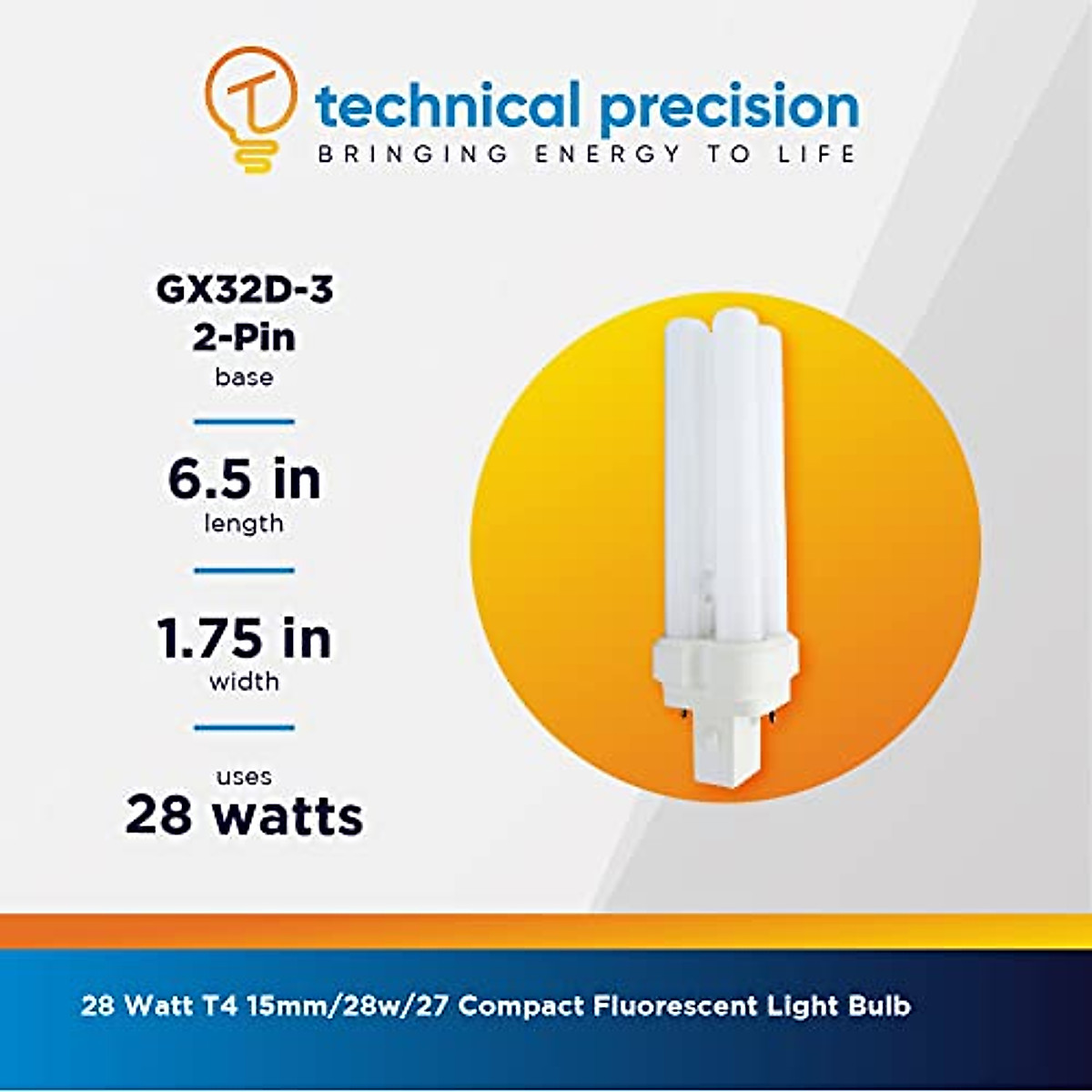 Technical Precision Replacement for PL-C 15mm/28w/27 Light Bulb 28W Compact Fluorescent Lamp with GX3D-3 2 Pin Base - 2700K Warm White Energy Saving Plug in Light Bulb - 1 Pack