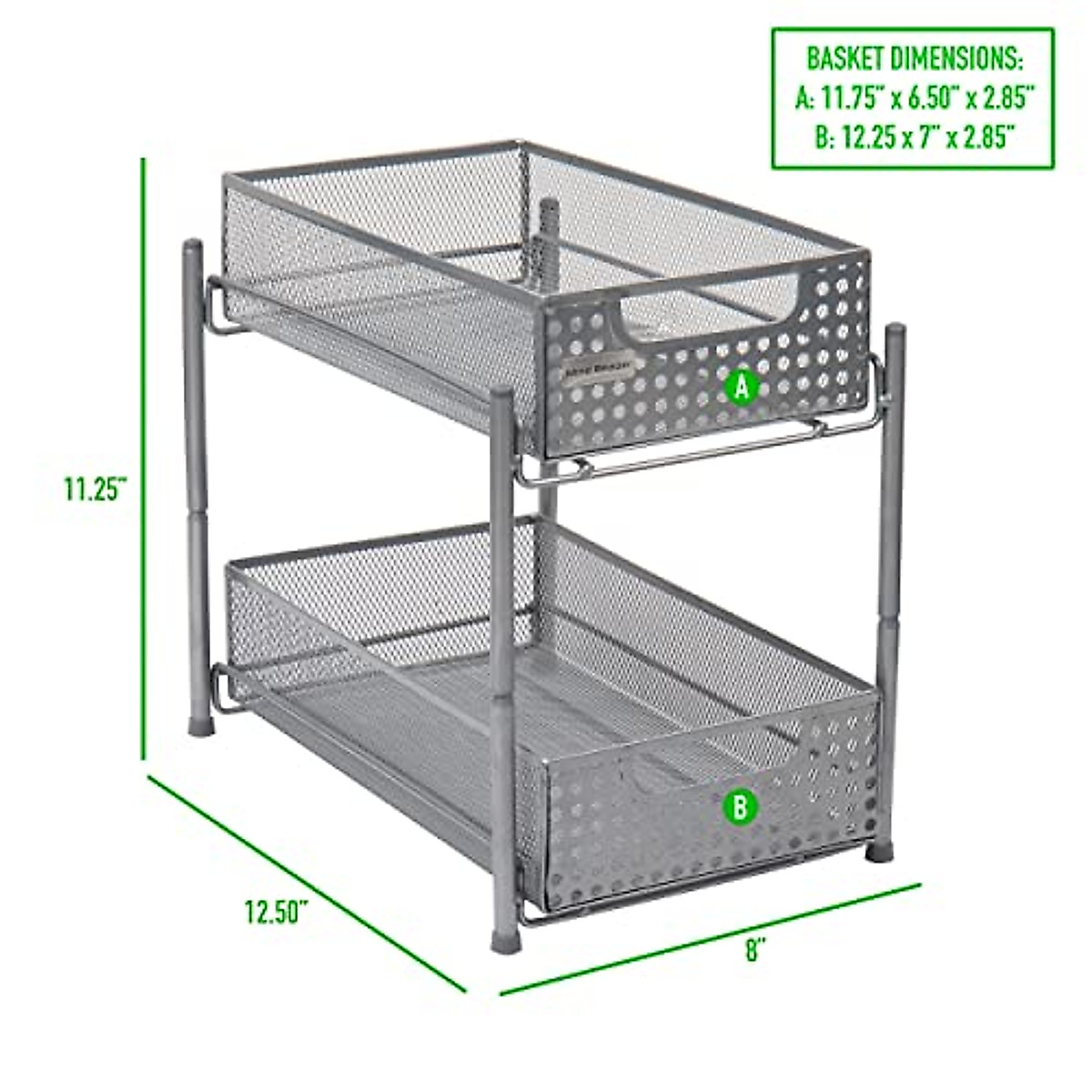 Mind Reader Cabinet, Mesh Storage Baskets Organizer, Home, Office, Kitchen, Bathroom, One Size, Silver 2 Tier Heavy Duty