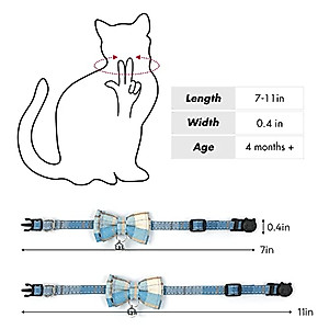 Breakaway Cat Collar with Cute Bow Tie and Bell, BuntyJoy Cat Collars for Girl Cats and Boy Cats, Safety Kitten Collars, Stylish Plaid Patterns, Light Blue, Pack of 1