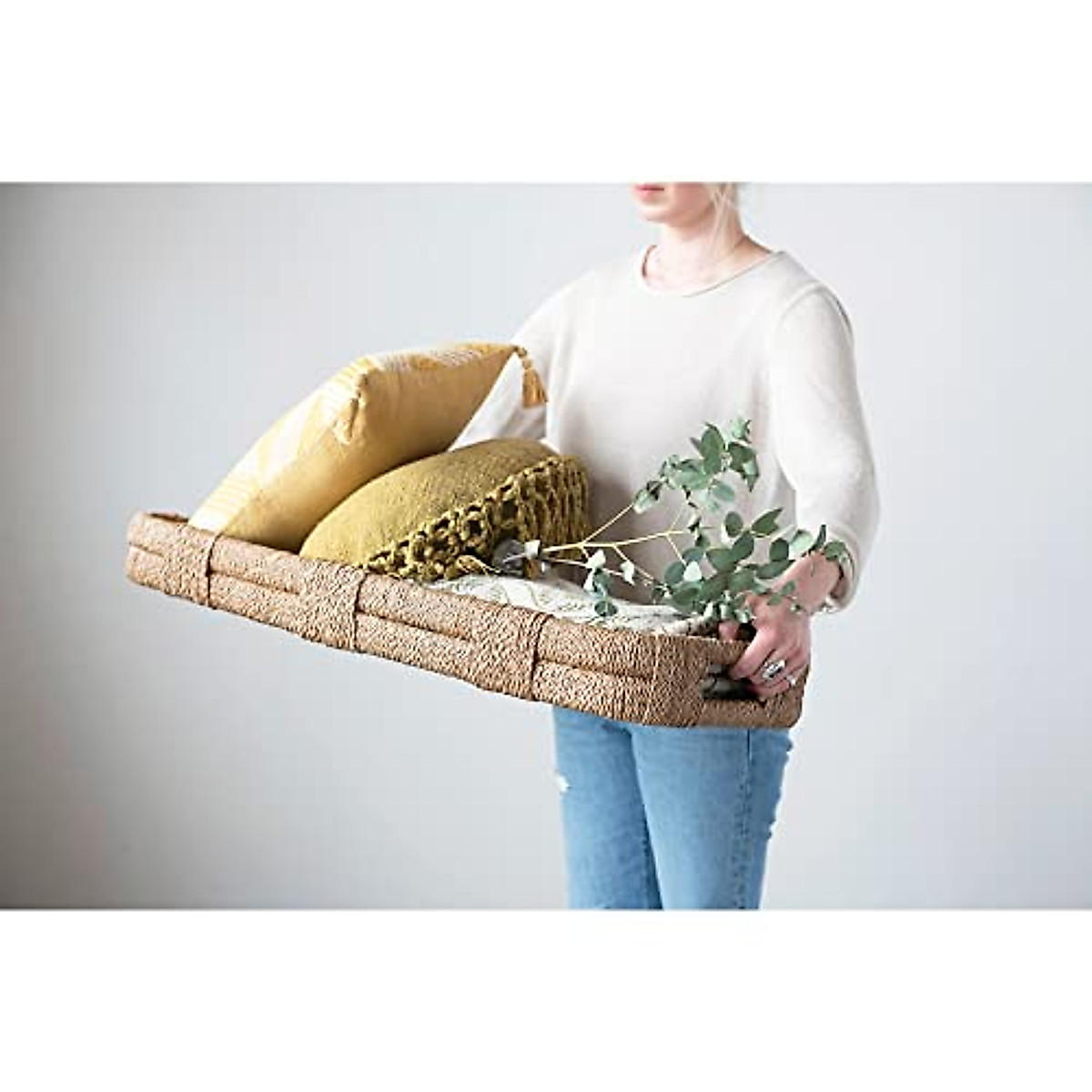 Creative Co-Op Hand-Woven Bankuan Handles Tray, 38"L x 12"W x 4"H, Natural