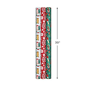 Hallmark Christmas Wrapping Paper with Cutlines on Reverse (3 Rolls: 120 Sq. Ft. Total) Winter City Scene, Rustic Snowflakes on Red, Nutcrackers with Foliage