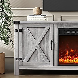 YESHOMY Fireplace TV Stand with Two Barn Doors and Storage Cabinets for Televisions up to 65+ Inch, Entertainment Center Console Table, Media Furniture for Living Room, 58 Inch, Gray Wash