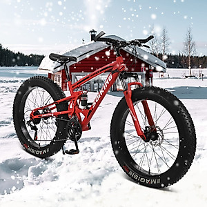 wavsurf Fat Tire Mountain Bike, 26'' 21 Speed Outdoor Snow Beach Hybrid MTB Racing Bikes for Adult Women Men, Lightweight City Commuter Road Cycling, Dual Disc Brakes (B), 94x88x38cm