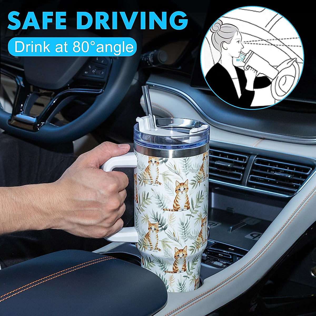 40 oz Tumbler with Handle and Straw, Cat Insulated Travel Mug Iced Coffee Cup, Reusable Stainless Steel Insulated Water Bottle, Keeps Drinks Cold for 34 Hours, Dishwasher Safe, BPA Free