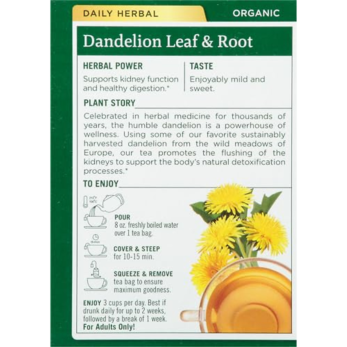 Traditional Medicinals Tea, Organic Dandelion Leaf & Root, Supports Kidney Function & Healthy Digestion, 16 Tea Bags