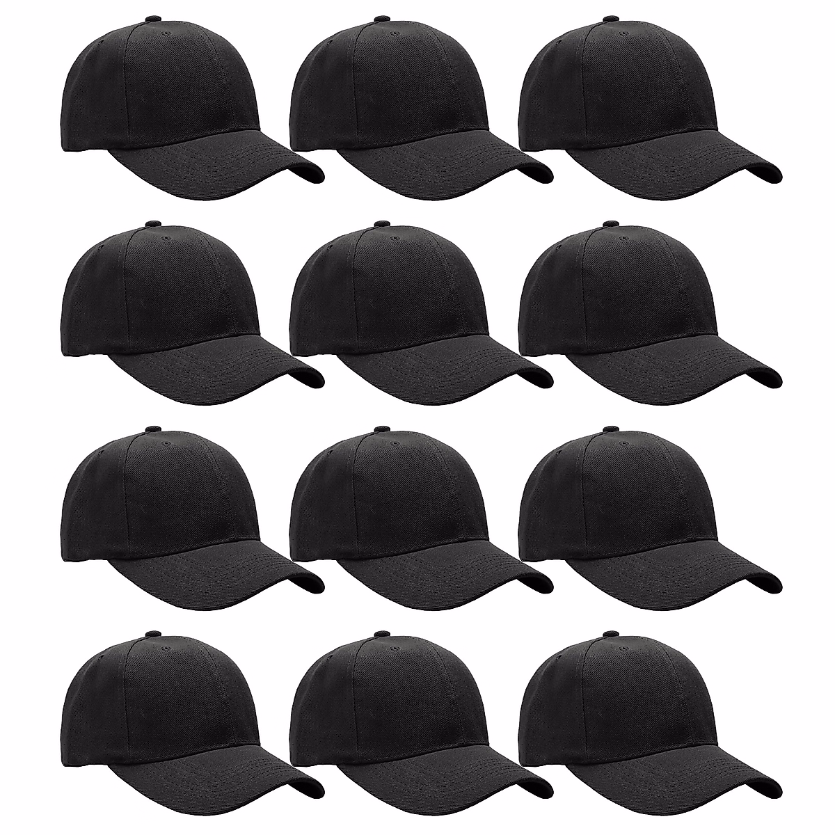 Wholesale Bulk Lot 12-Pack Baseball Cap Adjustable Size Plain Blank Solid Color (12-Pack Black)