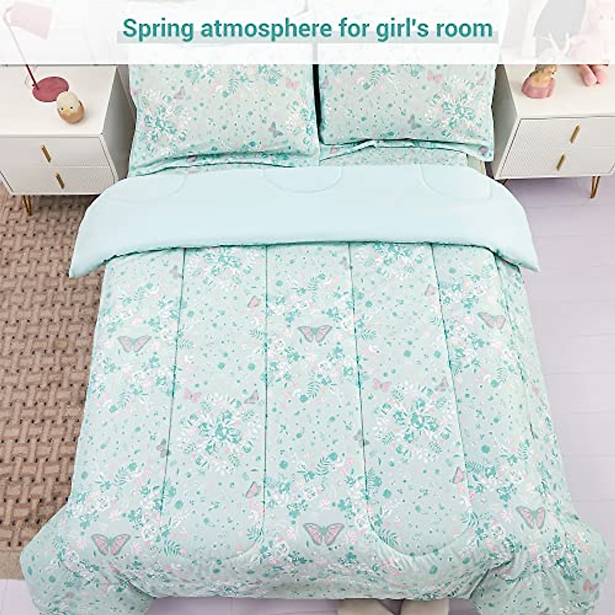 Viviland Twin Butterfly Comforter Set for Girls - Kids Brushed Microfiber Twin Bedding Set - 5 Pieces Machine Washable Bed in A Bag with Soft Comforters, Sheet Set, Shams - Pale Green