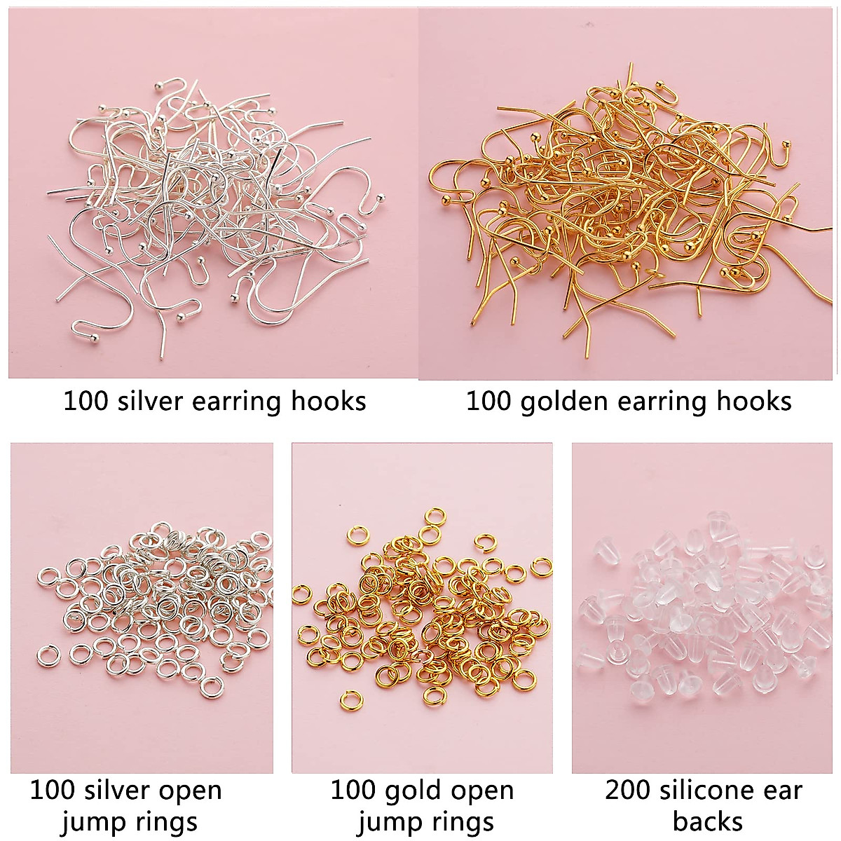Earring Hooks 600pcs Hypoallergenic Earring Making kit with Jump Rings and Clear Silicone Earring Backs Stoppers(Silver and Gold)
