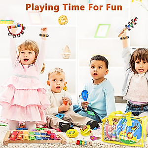 INLAIER Kids Musical Instruments Set, 20 Pcs Wooden Shakers Percussion Instruments Tambourine Xylophone Toys, Child Early Learning Musical Toys for Boys and Girls Gifts Present with Carrying Bag