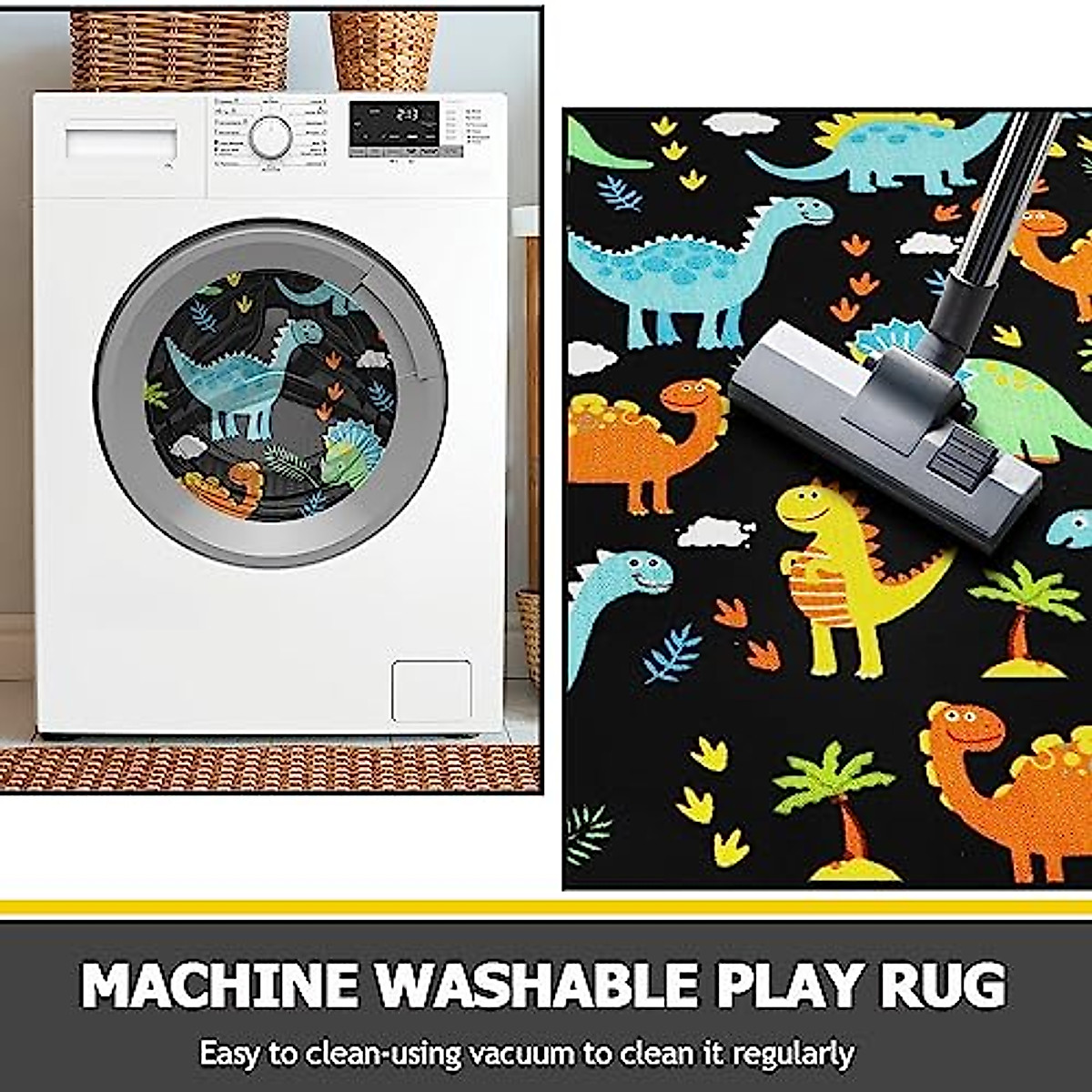 Capslpad Black Dinosaur Kids Play Rugs for Boys Bedroom Cute Cartoon Dinosaur Decor Kids Area Rug Non-Slip Washable Dinosaur Carpet Rugs for Kids Room,Playroom,Boys Bedroom,5'×6.6'