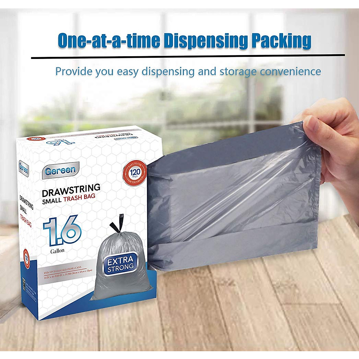 Small Trash bag,Gereen 1.6 Gallon Drawstring Trash bag Garbage Bag Trash Can Liner,Extra Strong 120 Counts for Home,Office,Car