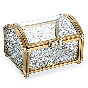 ELLDOO Gold Vintage Glass Jewelry Box with Clear Lid Diamond Pattern Treasure Chest Box Rectangle Keepsake Box Trinket Box, Small Size