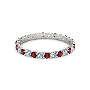 Carillon Ruby With Aquamarine Round 2.50 MM Eternity 925 Sterling Silver Women Band Ring Jewelry (Sterling Silver, 6.5)
