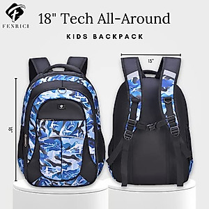 Shark Backpack for Boys, Girls, Kids by Fenrici, 18" Durable Book Bags for Kindergarten, Elementary, Middle School Students, Laptop Compartment, Shark, Extra Large