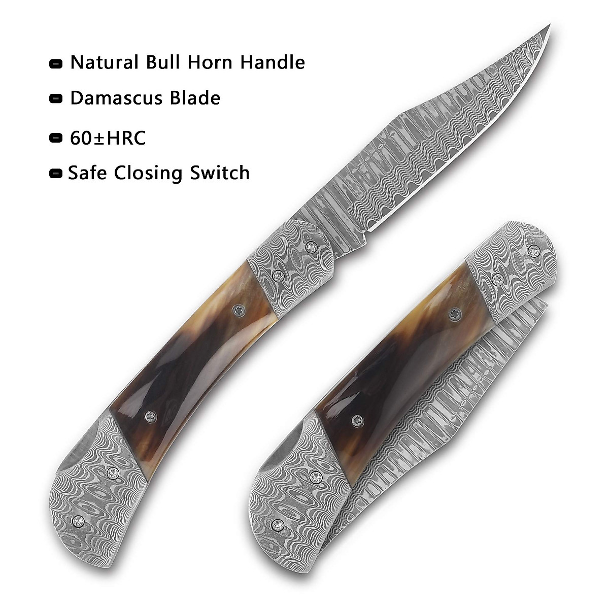 YOUSUNLONG Pocket Folding Knife Overall 195mm - Damascus Steel Blade - Bull Horn Handle