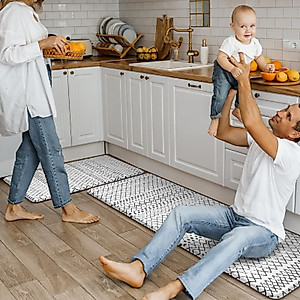 KIMODE Kitchen Mats 2PCS,Cushioned Anti Fatigue Kitchen Rugs and Mats,Non Skid Waterproof Kitchen Mats for Floor,Comfort Foam Standing Mat for Home, Office,Sink,Laundry,Desk,Black and White