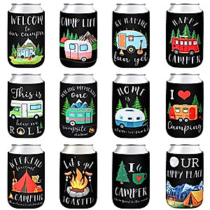 12 Pcs Camping Can Sleeves Happy Camper Neoprene Can Sleeves Soda Can Beverage for Camping Picnic Outdoor Activities Supplies Camper Decor RV Decorations for Inside Camper
