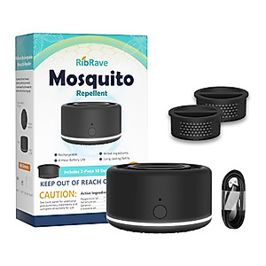 RibRave Electronic Mosquito Repeller Insect Repellent Indoor and Outdoor, 30 ft Mosquito-Free Zone, Rechargeable Mosquito Repellent Device, 2 Refills (Black)