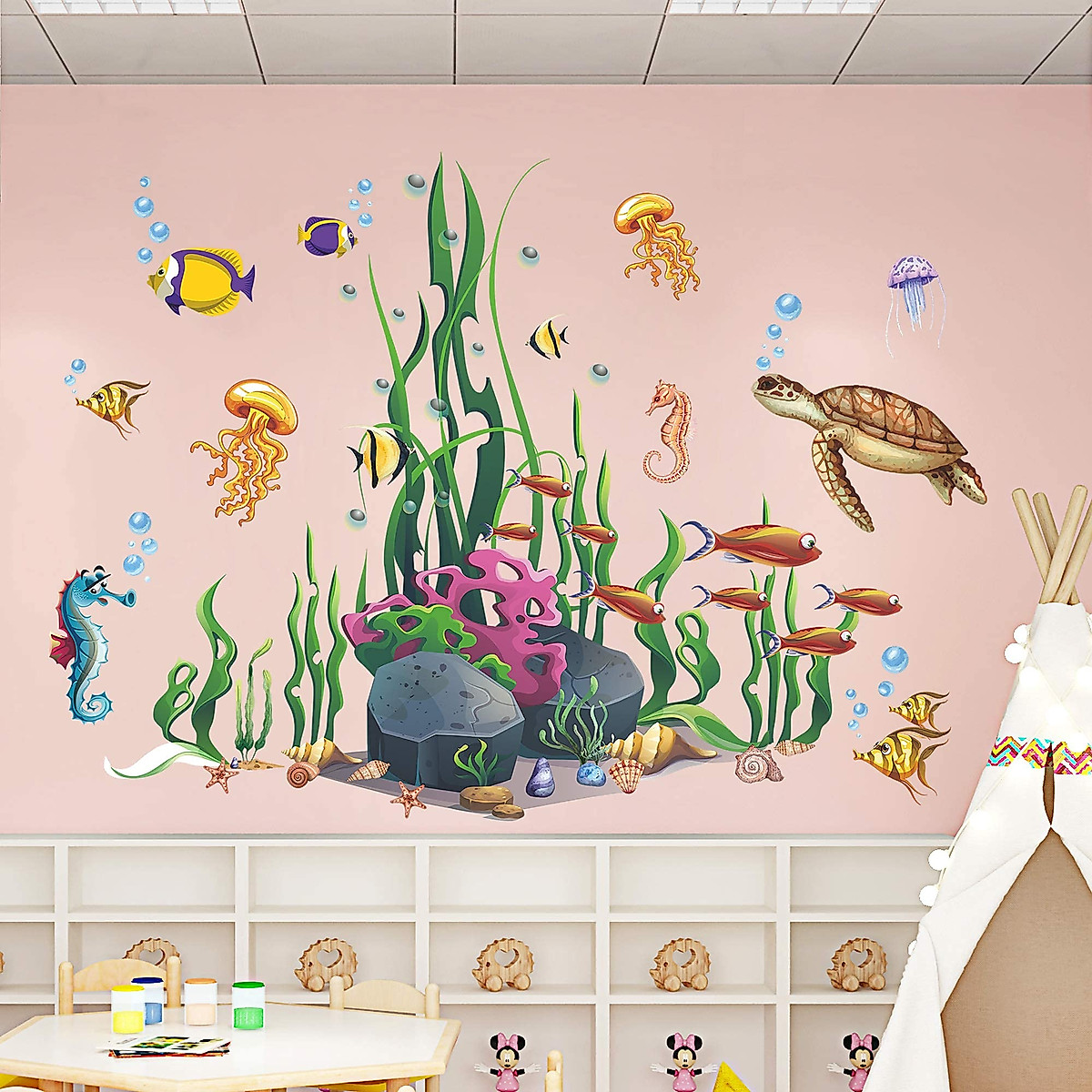 RW-1073 3D Ocean Wall Decals Under The Sea Fish Wall Stickers Ocean Animals Wall Art Decals View Under Sea Removable DIY Stickers for Kids Babys Bedroom Bathroom Living Room Nursery Home Decoration
