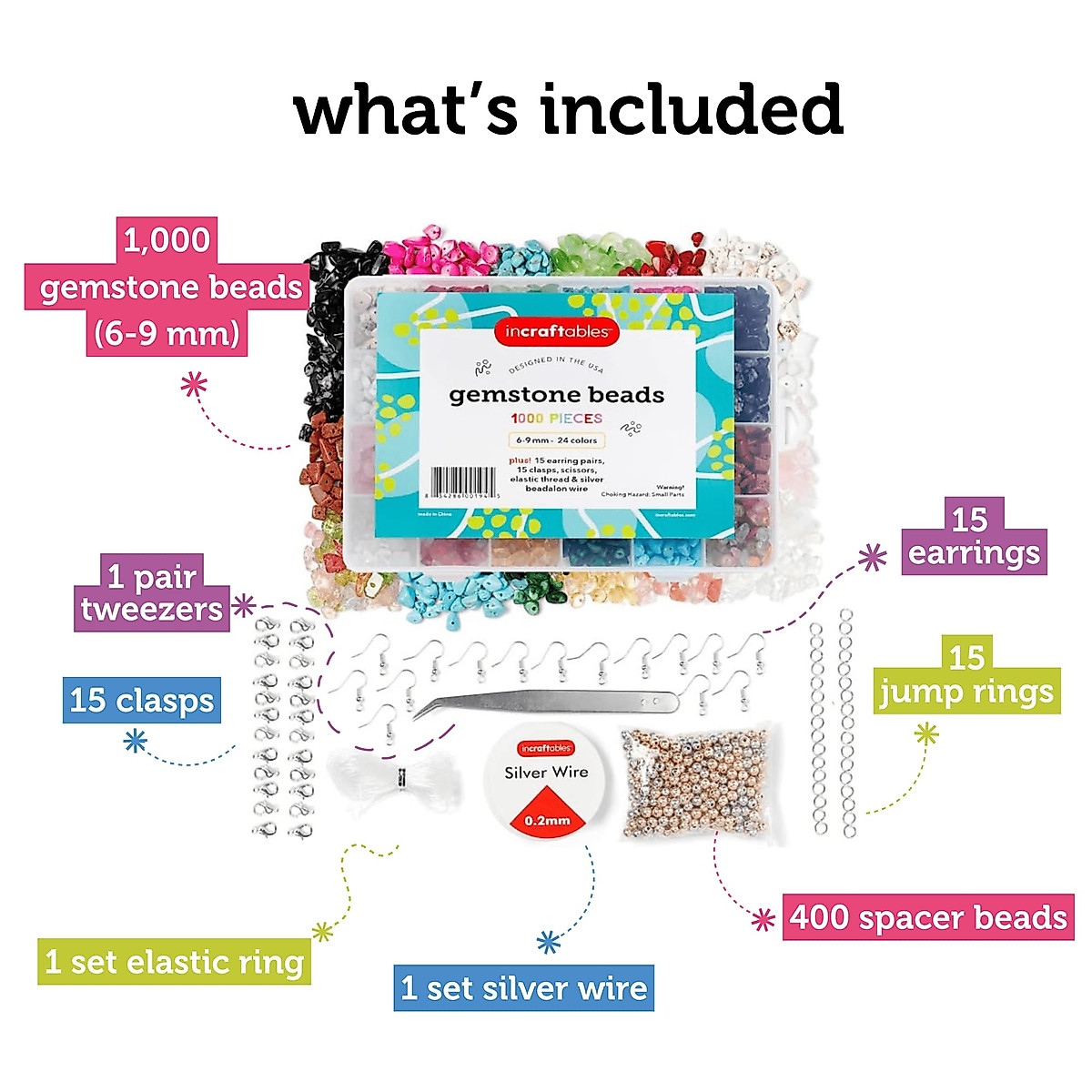 Incraftables 1000pcs Chip Crystal Beads (24 Colors Gemstones). Best Rock Beads for Jewelry Making, Rings & DIY Crafts. Bulk Natural Stone Chip Beads w/Spacer Bead, Earrings & Bracelet Wire (6-9 mm)