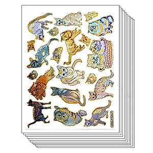 Stickers Glitter Pack 10 Sheets Persian Cat Japan Cute Animal Cartoon Stickers Art Decal Label Craft DIY Decoration Scrapbook Book Album Diary Card Birthday for Kid and Adult (01)