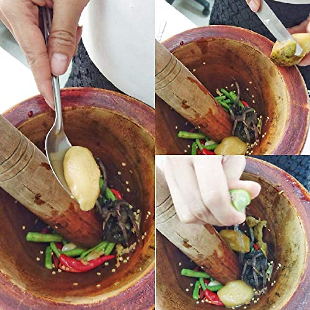 PunPund Wooden Mortar 9 Inches from Thailand Pestle Grinding Herb Garlic Papaya Salad Som Tum Thai Food Kitchen Tool 1 Set