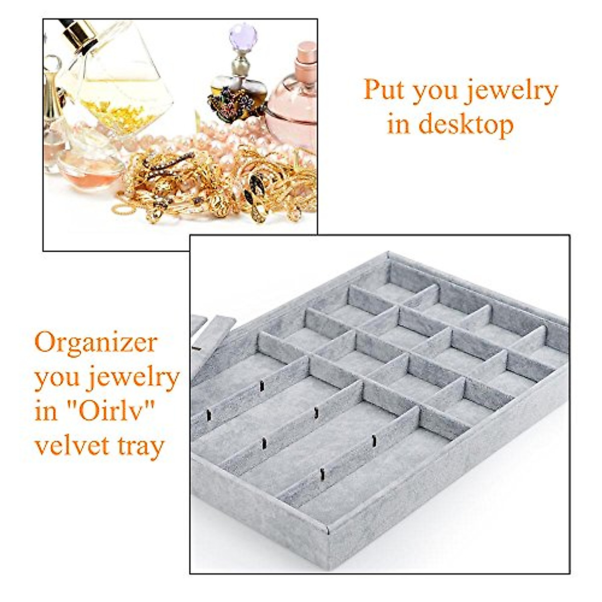 Oirlv 24 Grid Ice Velvet Jewelry Drawer Organizer Tray Stackable Jewelry Trays Removable Dividers for Rings Earring Storage Display