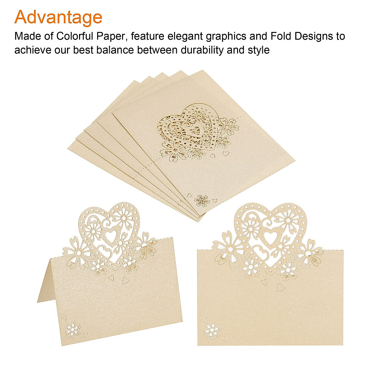 PATIKIL Table Name Place Cards, 50Pcs Favor Decor Hollow Heart Shape Cut Design Blank Card for Wedding Party Seating Place Cards, Beige