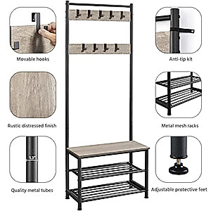Yaheetech 3-in-1 Hall Tree Coat Rack with Shoe Storage Bench, Entryway Coat Rack Shoe Bench with 9 Movable Hooks, Industrial Accent Furniture with Metal Frame, Easy Assembly, Gray