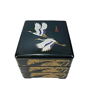JapanBargain 4119, Jubako Box Japanese Traditional 3 Tiers Stack Box Food Candy Snack Container Bento Box Made in Japan, Plastic Lacquered, Black Crane