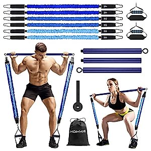 Hommie Portable Pilates Bar Kit with Resistance Bands for Men and Women，Upgraded 3 Section Pilates Bar with Resistance Bands (20/40/60lb) for Home Gym Equipment Supports Full-Body Workouts