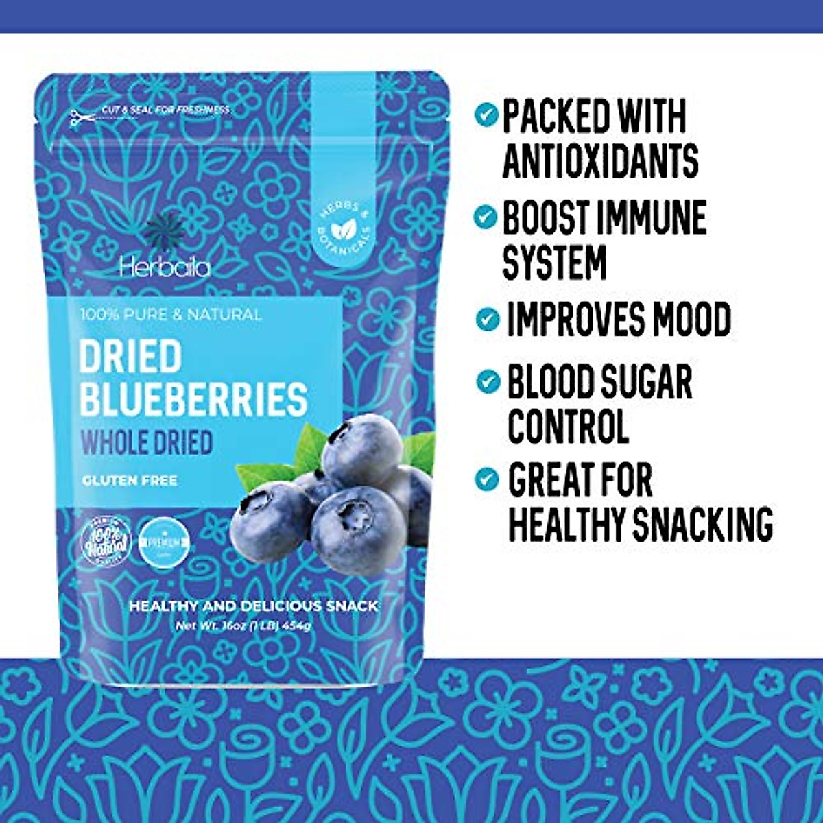 Whole Dried Blueberries, No Sugar Added, Bulk, Dehydrated, Dried Unsweetened Blueberries, All Natural, Non-GMO, 1 Pound. - 16 oz.