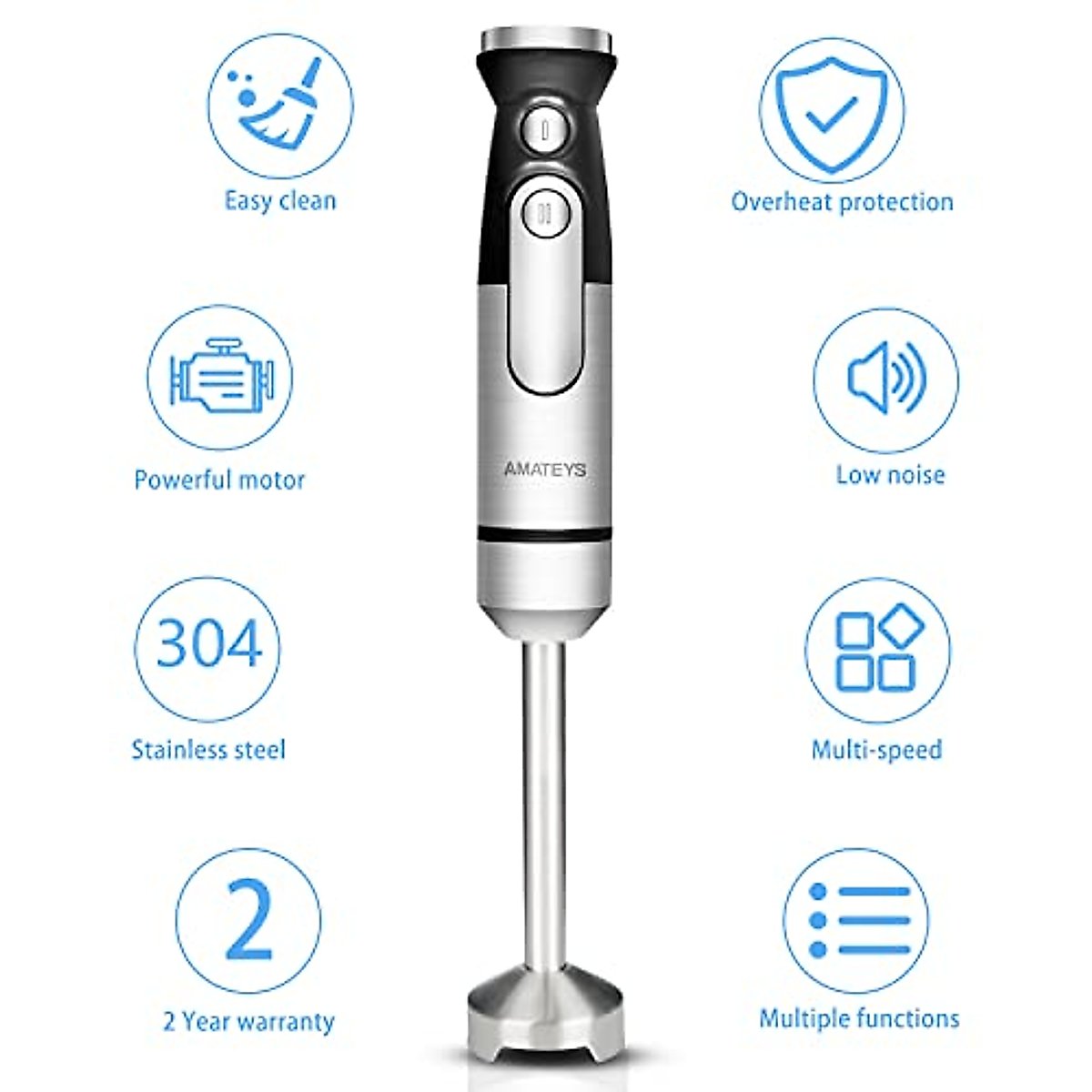 Amateys Handheld Immersion Blender,Infinitely Variable Speeds Hand Blender ,Multi-function Stainless Steel Handheld Stick Kitchen Blender with Whisk, Milk Frother，Detachable Smoothie Blender for Soup Puree Baby Food