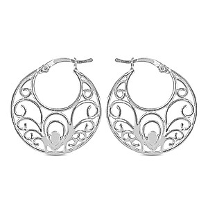 Charmsy 25 Sterling Silver Filigree Hoop Earrings for Women | Lightweight Click-Top Filigree Cut-out Dangle Earrings | Size 26mm