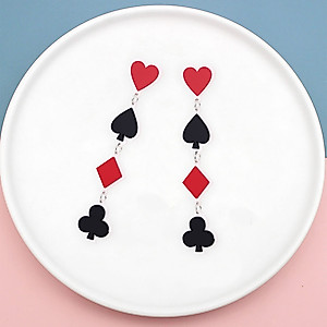 Unique Funny Playing Cards Pattern Dangle Drop Earring Personality Asymmetric Acrylic Spades Hearts Plum Poker Earrings for Women Gift Statement Nightclub Party Jewelry (Long Design)