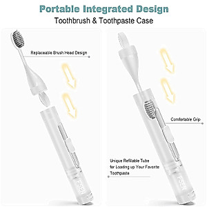 FSEN Portable Travel Toothbrush， 3 in 1 with Travel Case and Extra Soft Bristles and Built-in Refillable Toothpaste Tube kit,Camping Travel Essential Accessories