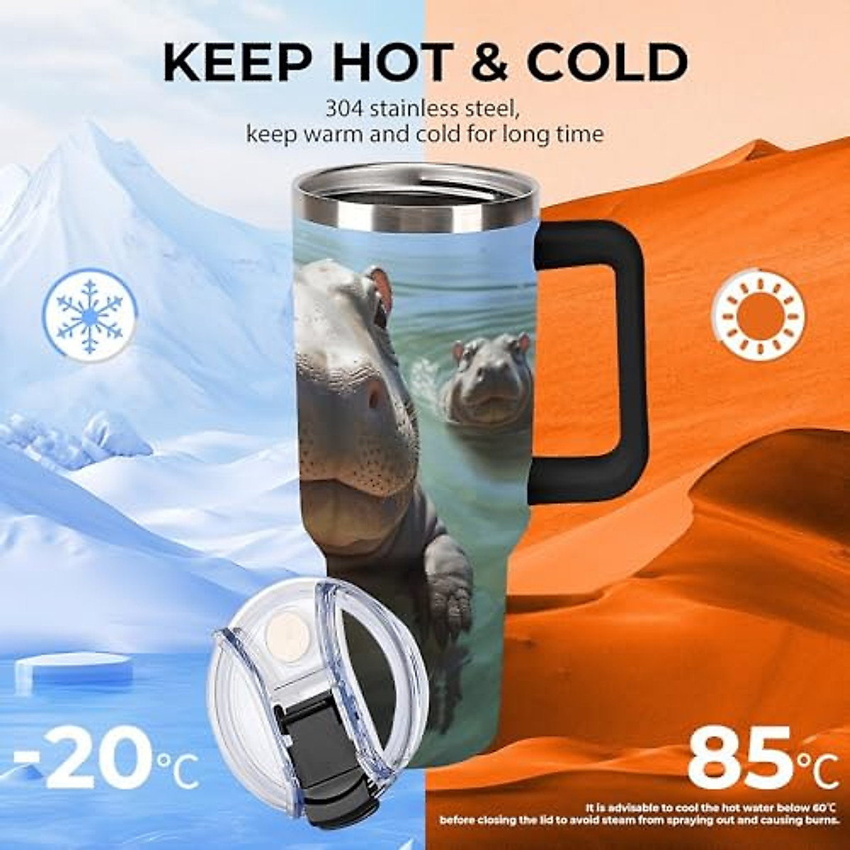 YTLKGFP 40 Oz Large Capacity Car Cup Cute Hippos Tumbler with Handle (Black) Straw Lid Insulated Stainless Steel Water Bottle Travel Mug Leak-proof Car Cup Keeps Cold Or Hot