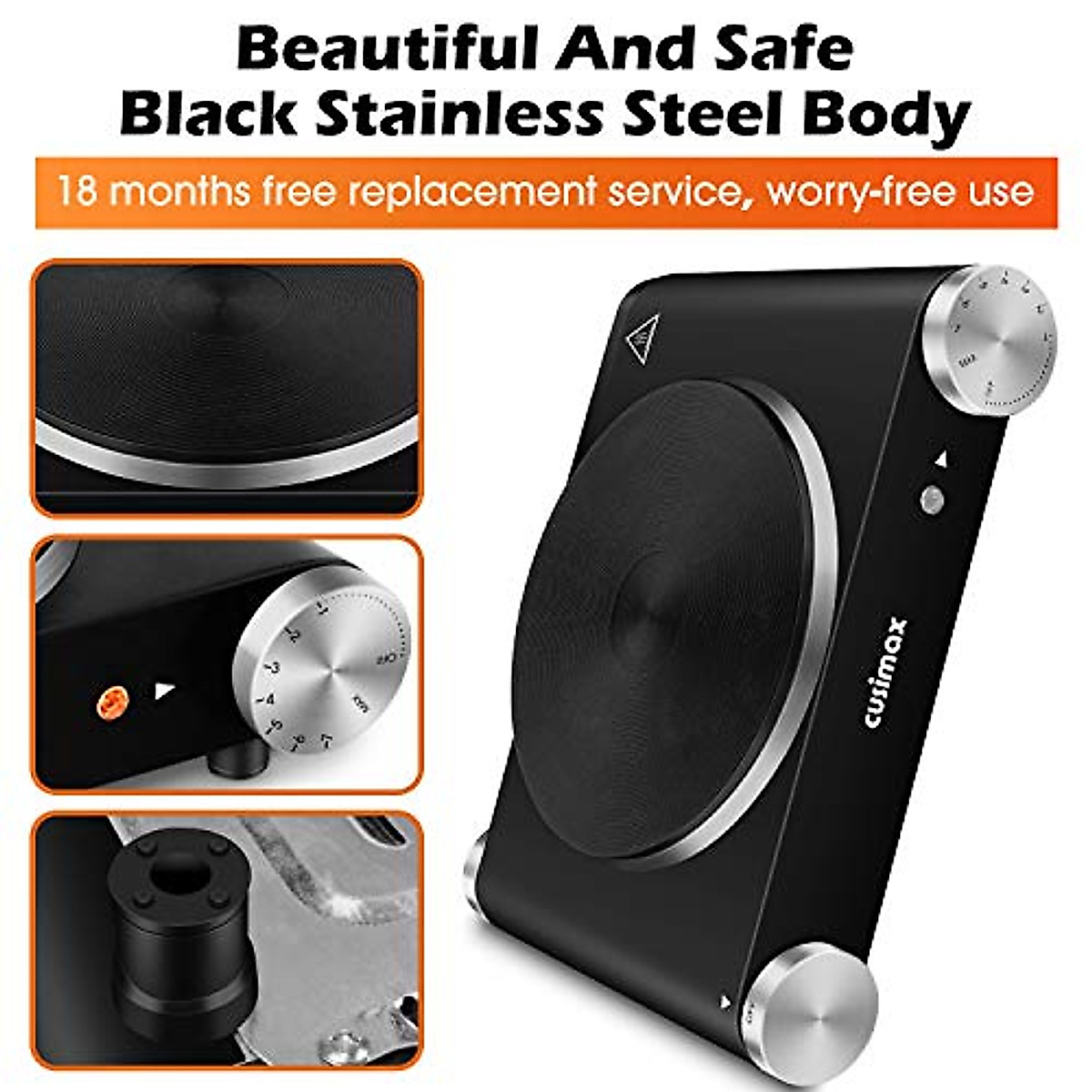 CUSIMAX Electric Burner Hot Plate for Cooking Cast Iron hot plates, Adjustable Temperature Control, Non-Slip Rubber Feet Stainless Steel Easy to Clean, Your Kitchen Assistant