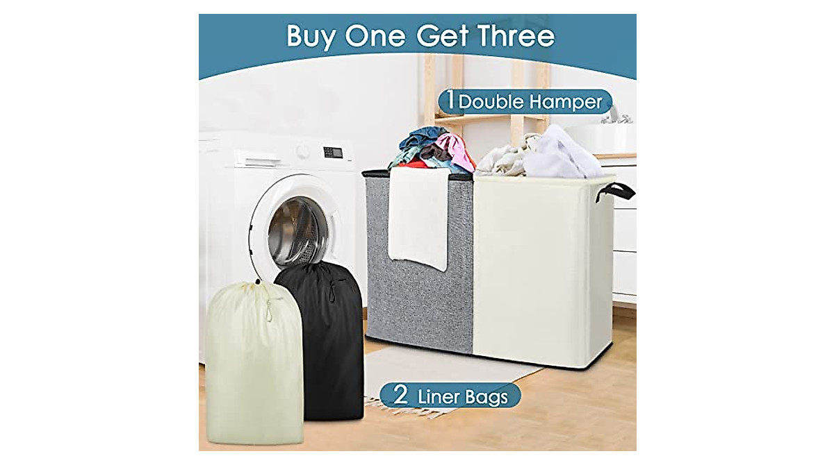 Large Double Laundry Hamper with 2 Removable Bags for Easy Sorting