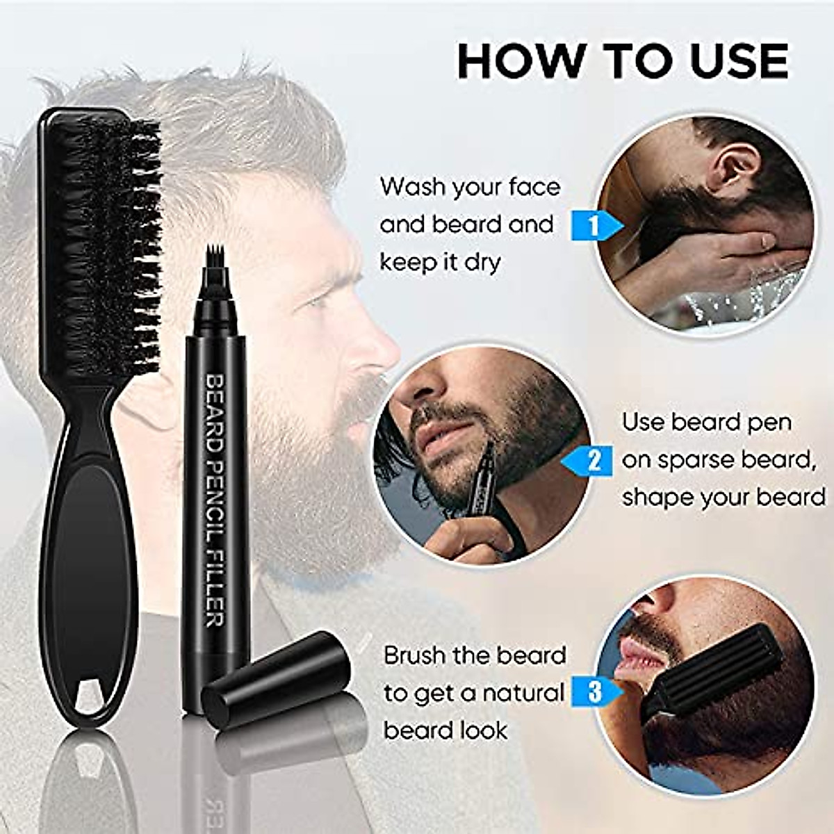Beard Pencil Filler for Men, 2 Pack, Eyebrow Pen, Beard Filling Pen Kit - WaterProof, Long Lasting Coverage - Beard, Moustache, Eyebrows, Beard Dye for Men, Bristle Brush (2 pcs Black)…