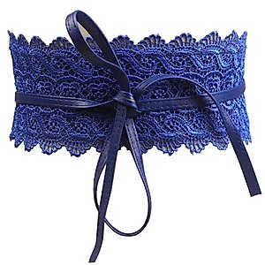 FIEIJ Women's Lace Waist Belt Bow Tie Wrap Around Soft Leather Boho Corset Elegant for Dresses (Dark Blue)