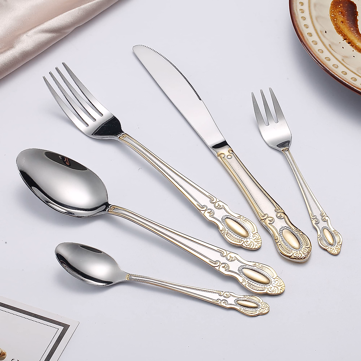 Copper Silverware Set, Flatware Cutlery Set, Stainless Steel Tableware Eating Utensils, Silverware Set for 4, Perfect for Wedding or Party, Mirror Finish Dishwasher Safe,Flower handle,rose gold 20pcs